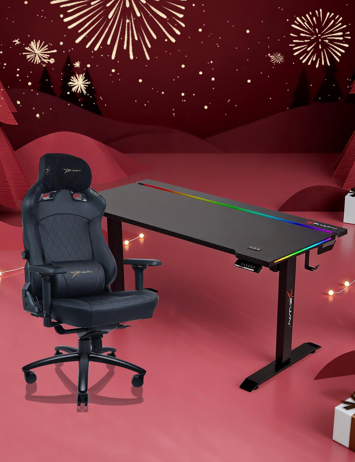 E-WIN E-WIN Bravon Black Sit-to-Stand RGB Gaming Desk & Chair Bundle